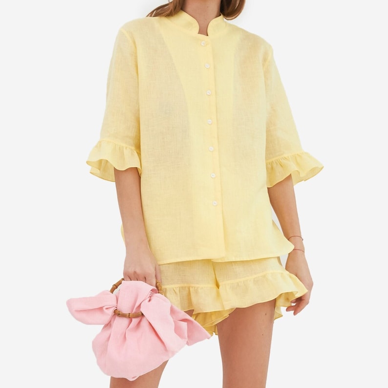 Pastel Yellow Linen Pajama Set Linen Ruffle Shorts and - Etsy