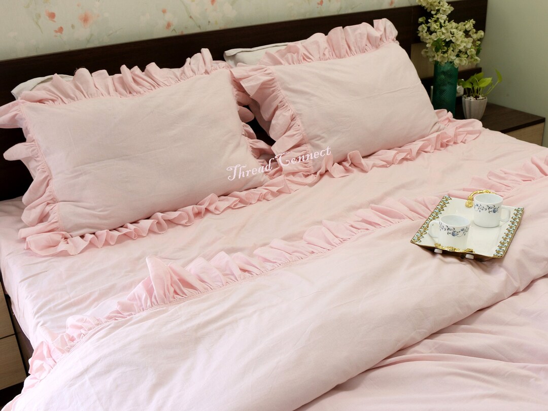 3 Pcs Set Rose Pink Frilled Linen Duvet Cover, 1 Blush Pink Ruffle ...