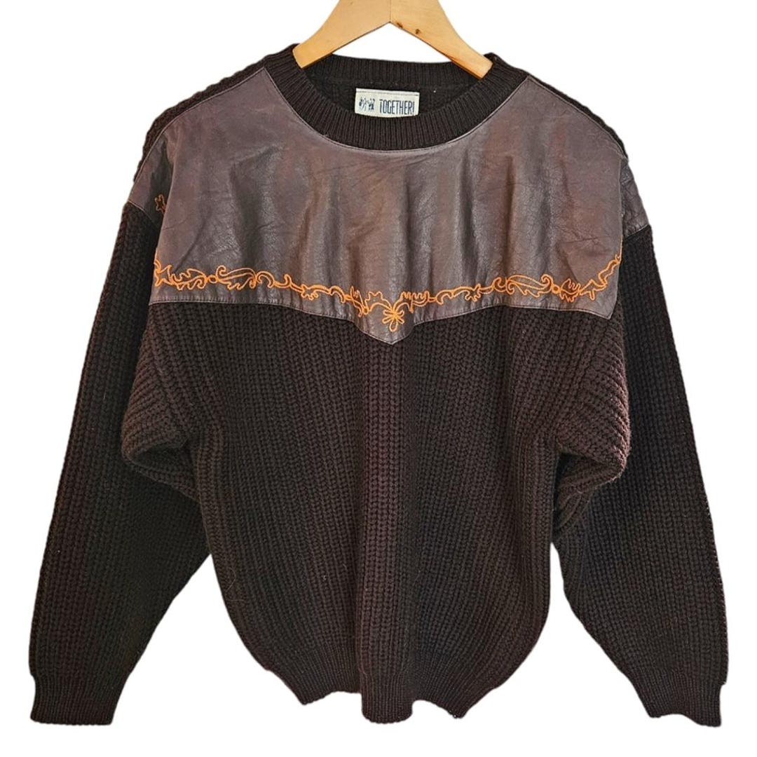 Vintage Together Brown Chunky Sweater With Embroidered Leather Yoke ...