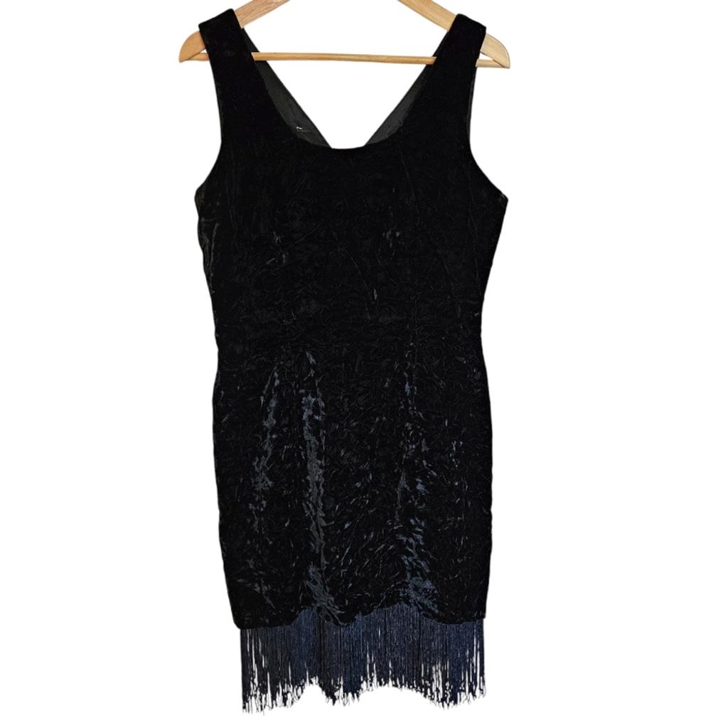 Vintage Crushed Velvet Fringe Sheath Dress 80s Black Fringed Flapper ...