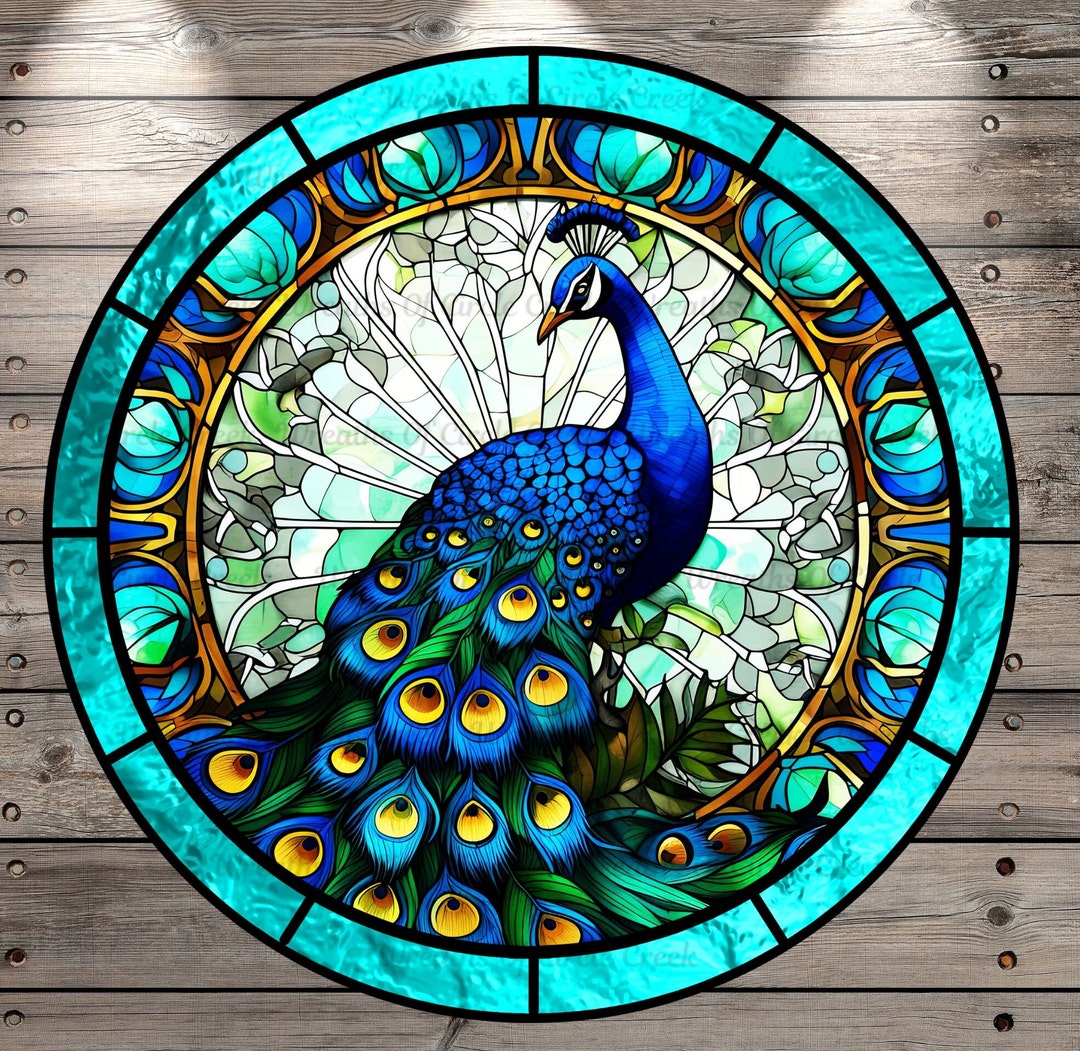 Peacock, Blue, Green, Stain Glass Print, Round, Light Weight, Metal ...