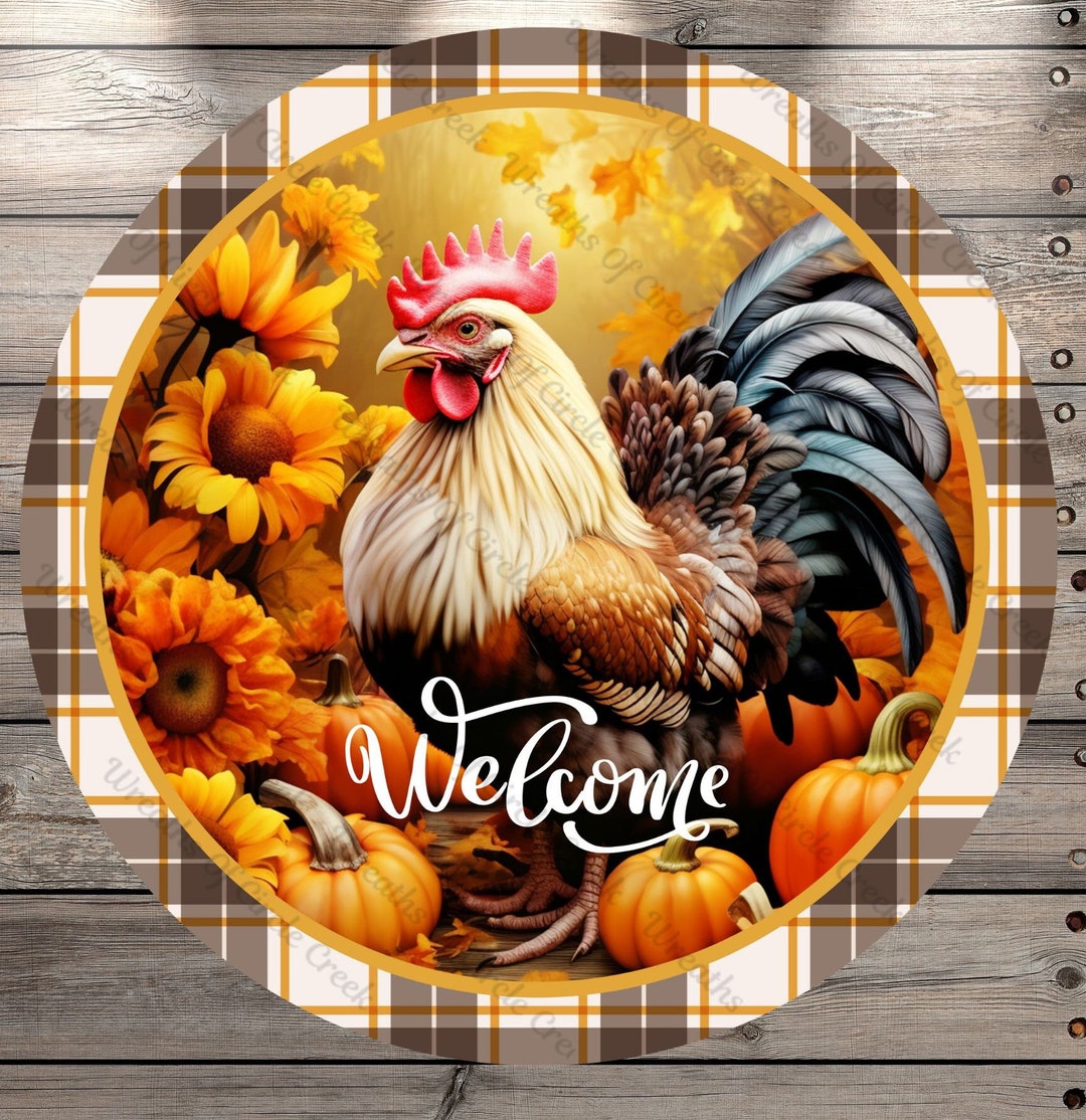 Fall Rooster, Welcome, Pumpkins and Sunflower, Plaid, Round, Light ...