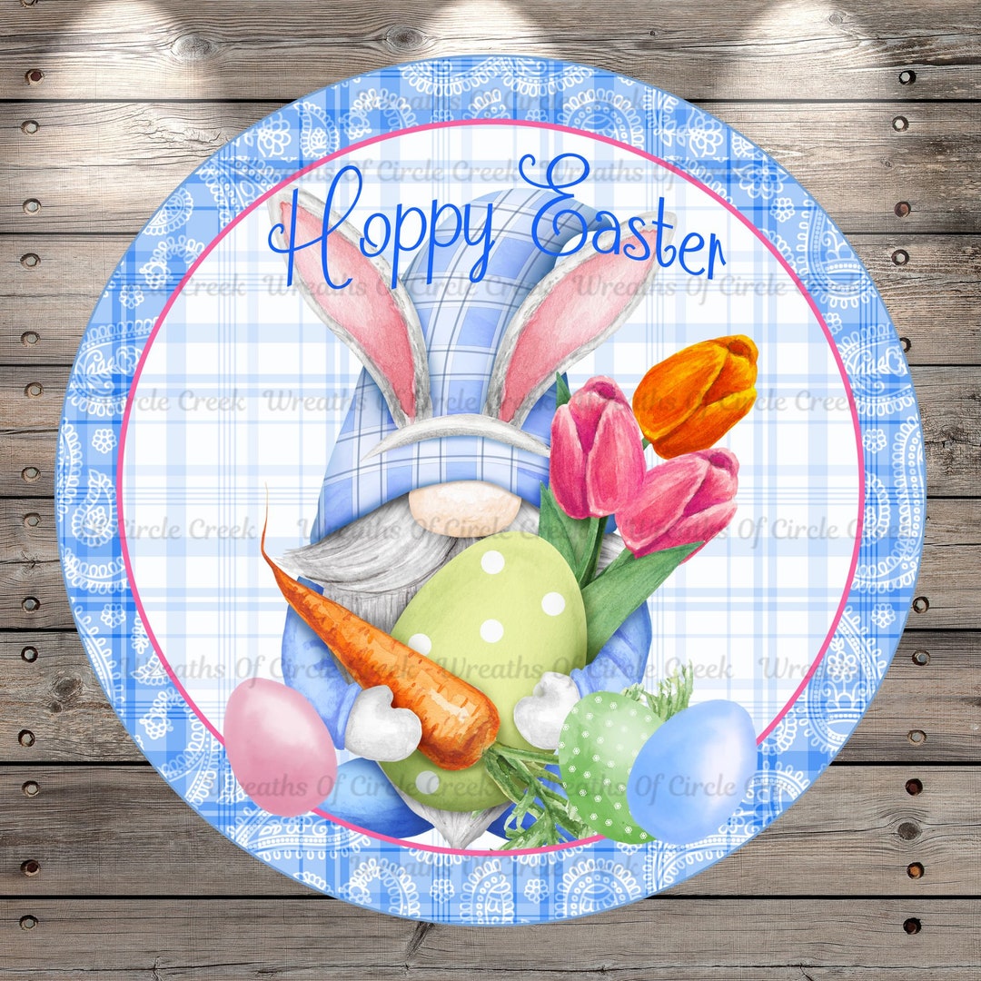 Easter Gnome, Hoppy Easter, Blue Paisley Border, Light Weight, Metal ...