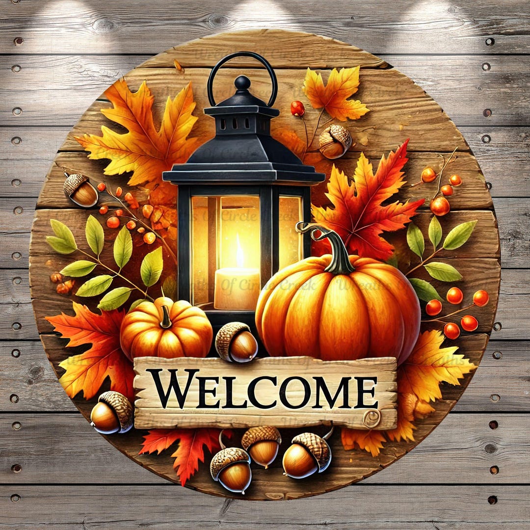 Welcome, Fall, Lantern, Rustic Fall Foliage, Pumpkin, Round, Light ...