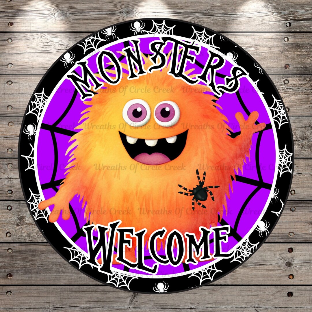 Monsters Welcome, Orange Monster, Spiderweb Fun Halloween, Round, Light ...