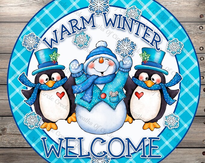 Snowman, Penguins, Warm Winter Welcome, Snowflakes, Blue, White, Round ...