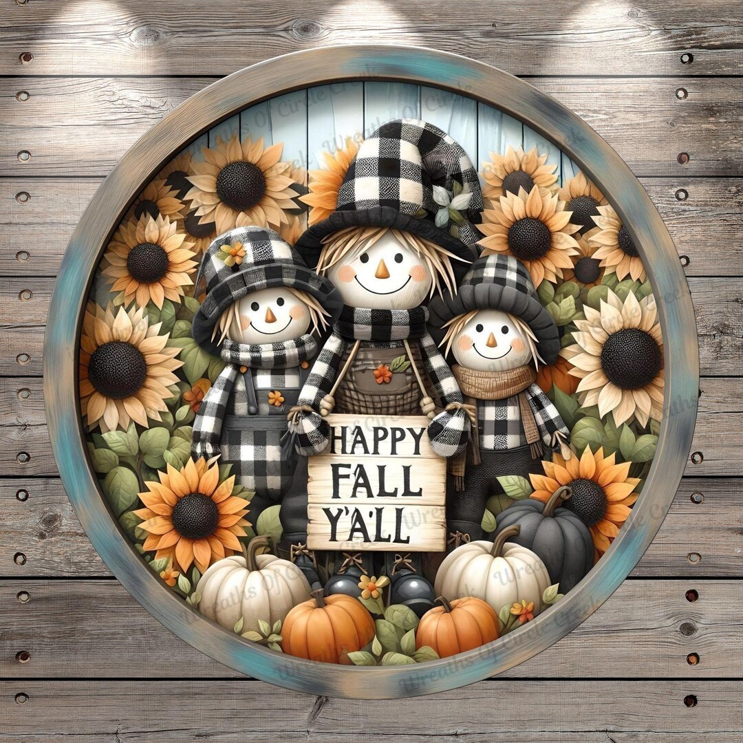 Happy Fall Scarecrows, Black, White, Sunflowers, Pumpkins, Rustic ...