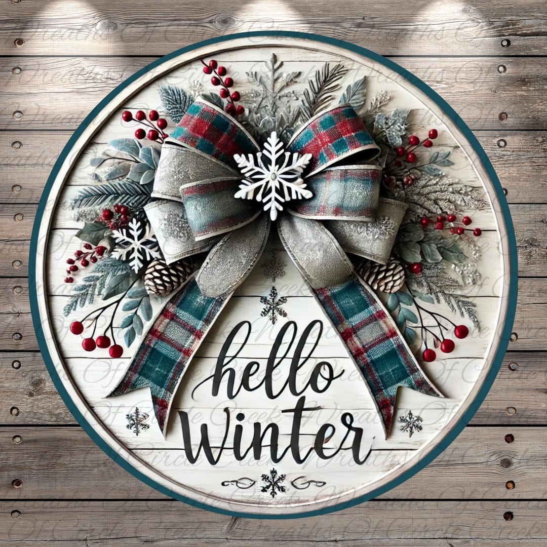 Hello Winter Bow Sign | Lightweight Metal Wreath Sign | Elegant Snowy ...