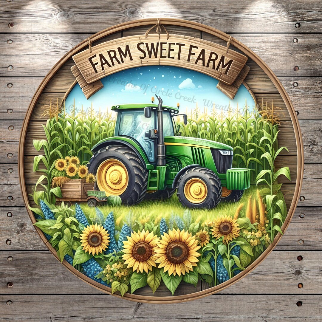 Green Tractor, Farm Sweet Farm, Sunflowers, Bluebonnets, Round, Light ...