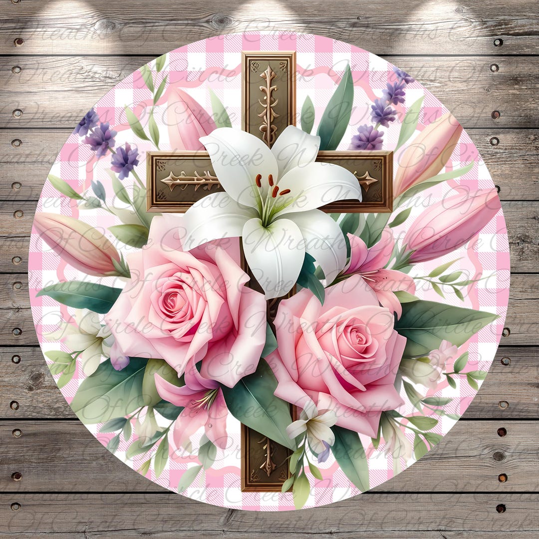Pink Floral Cross Sign | Lightweight Round Metal Wreath Sign | No Holes ...