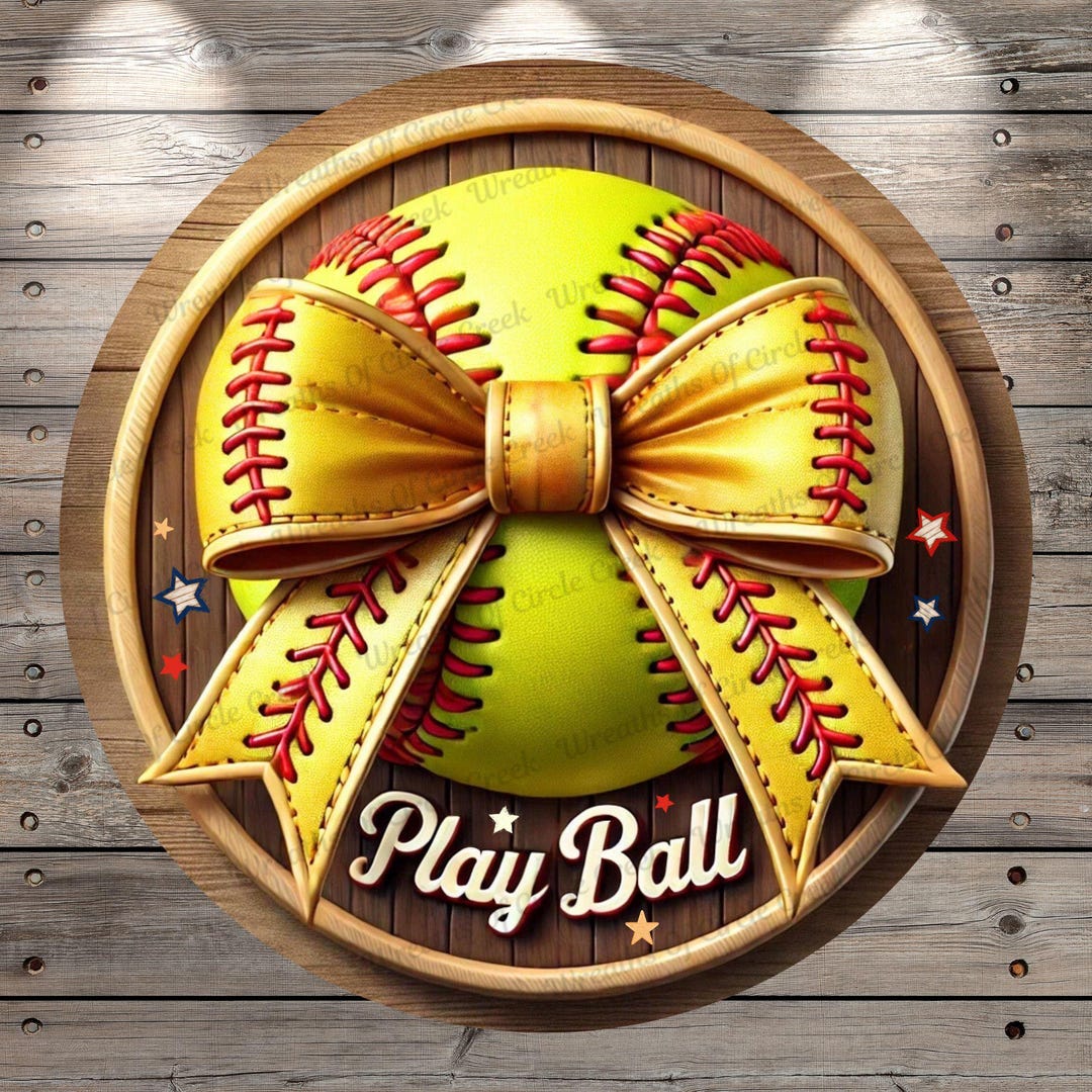 Play Ball Lightweight Round Metal Wreath Sign | Rustic Softball, Bow ...