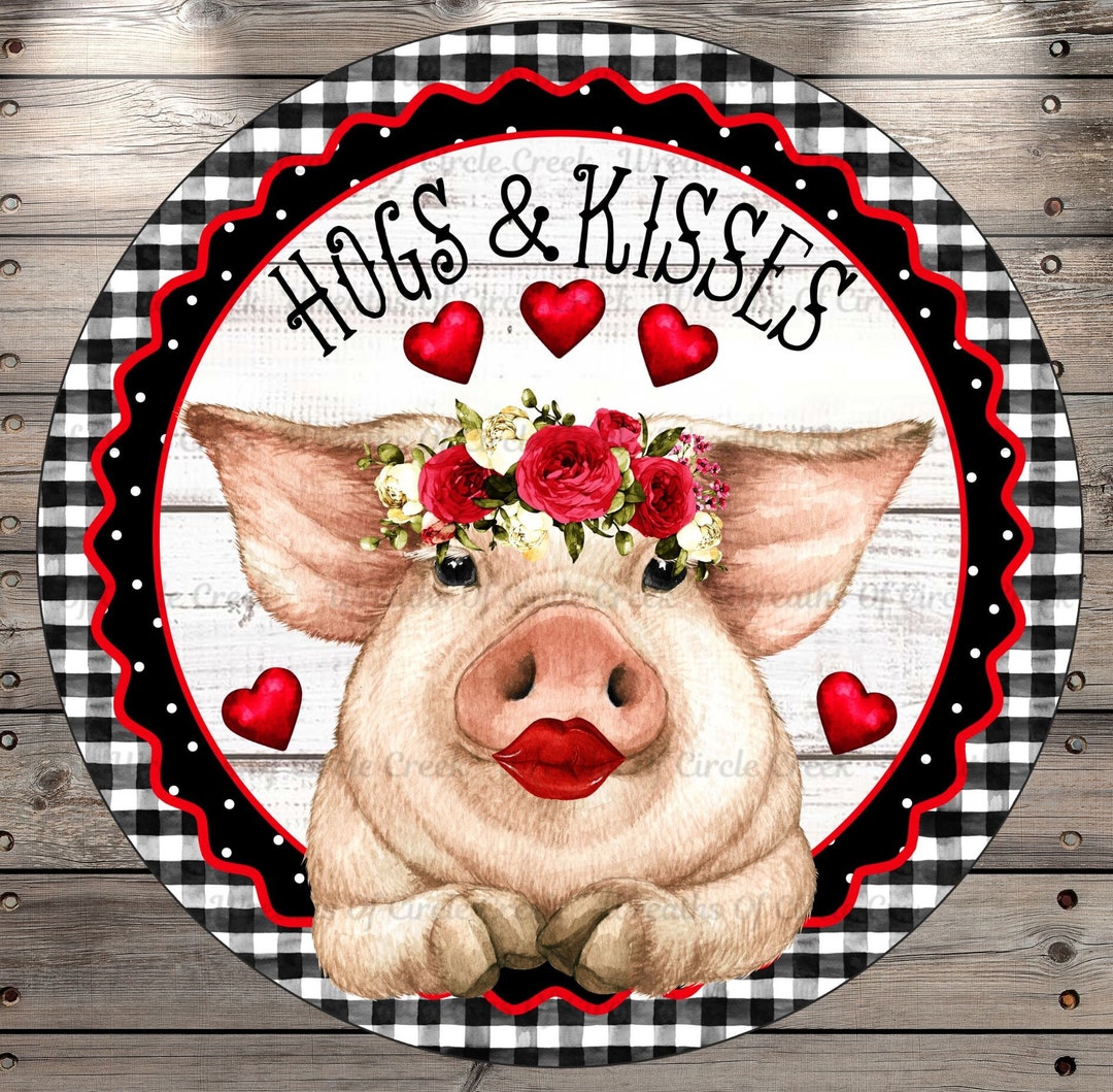 Hogs & Kisses, Pig, Valentine, Hearts, Plaid, Farmhouse, Round Metal ...
