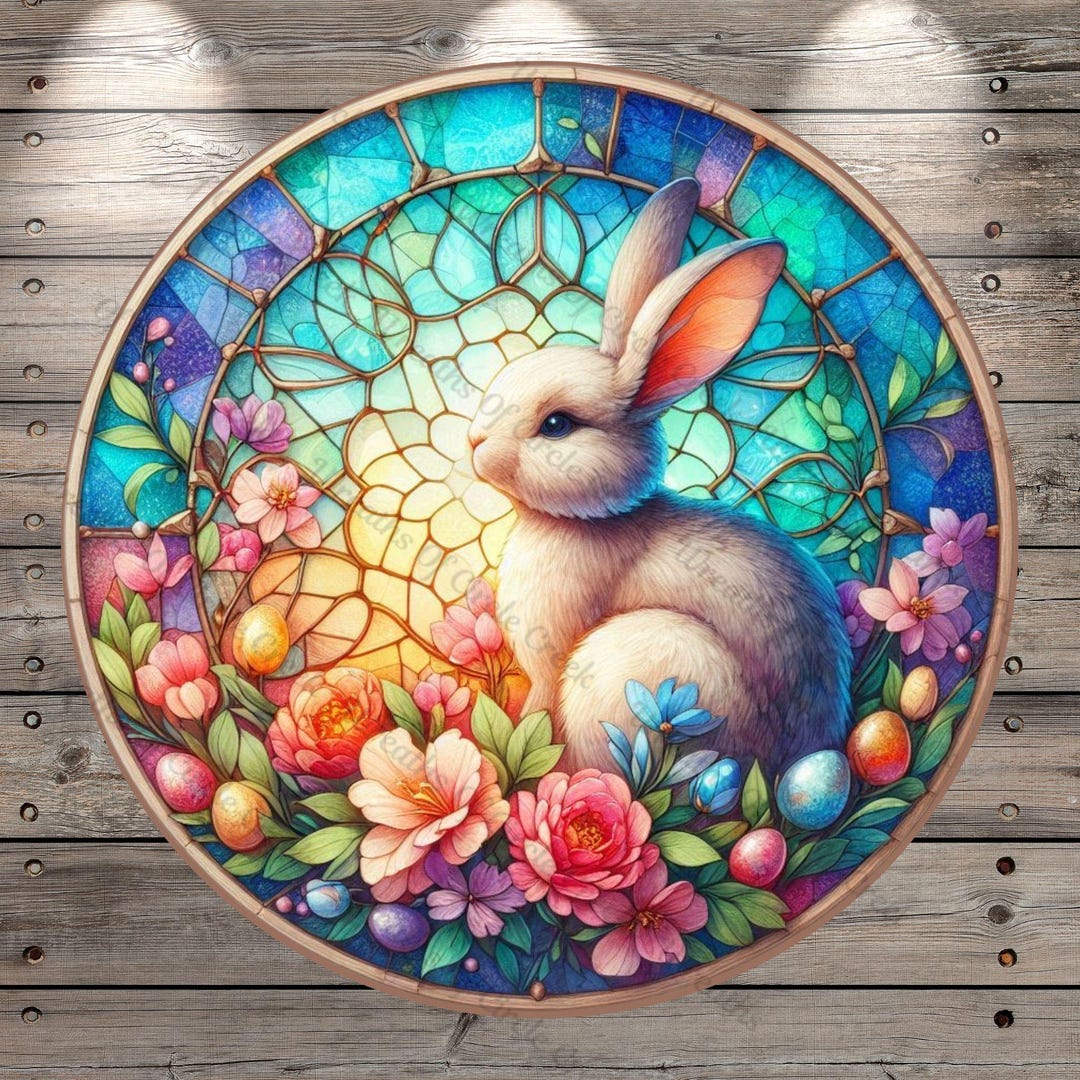 Easter Bunny, Wreath Sign, Faux Stain Glass Print, Spring, Eggs ...