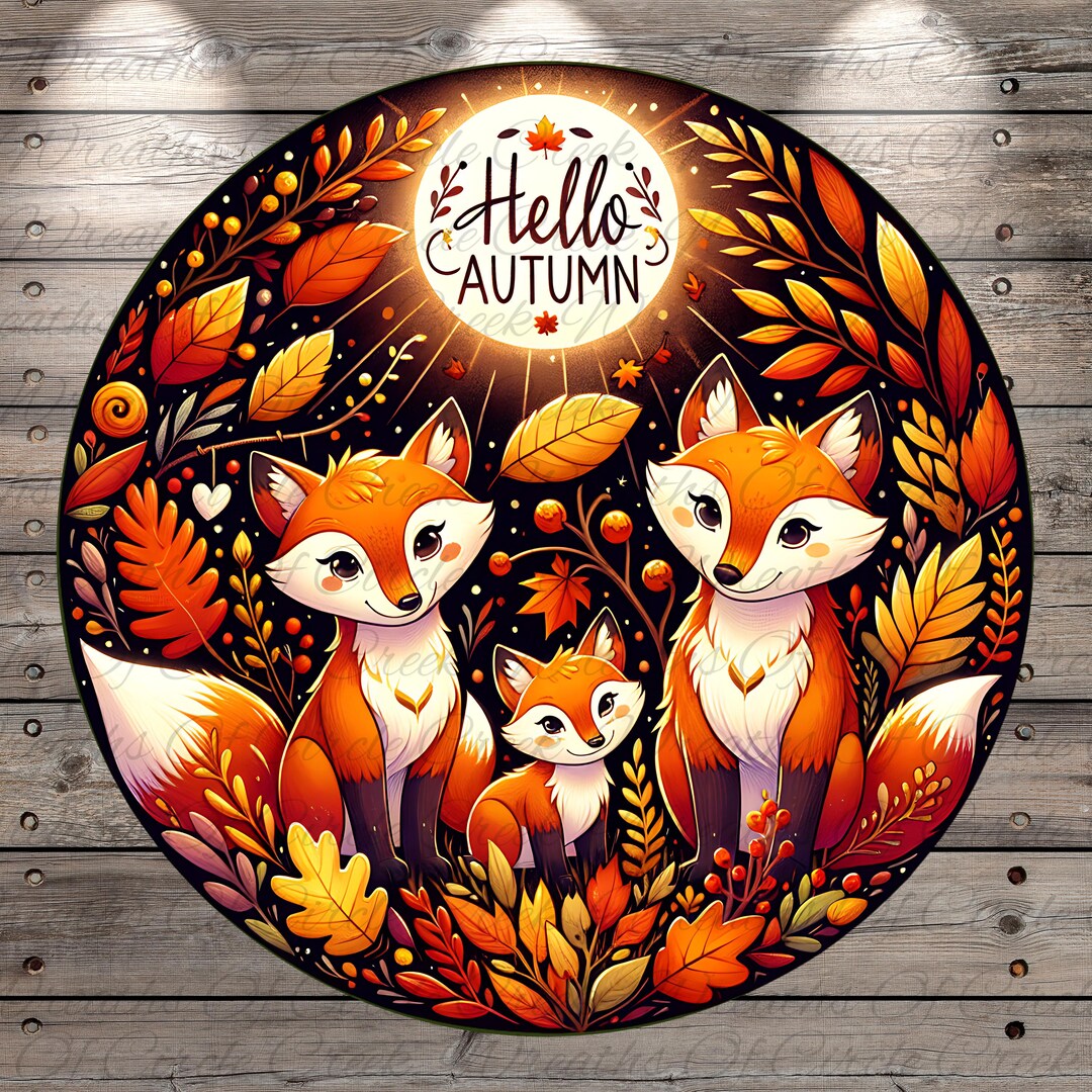 Hello Autumn Fox Family Sign | Cute Fall Animal Decor | Lightweight ...