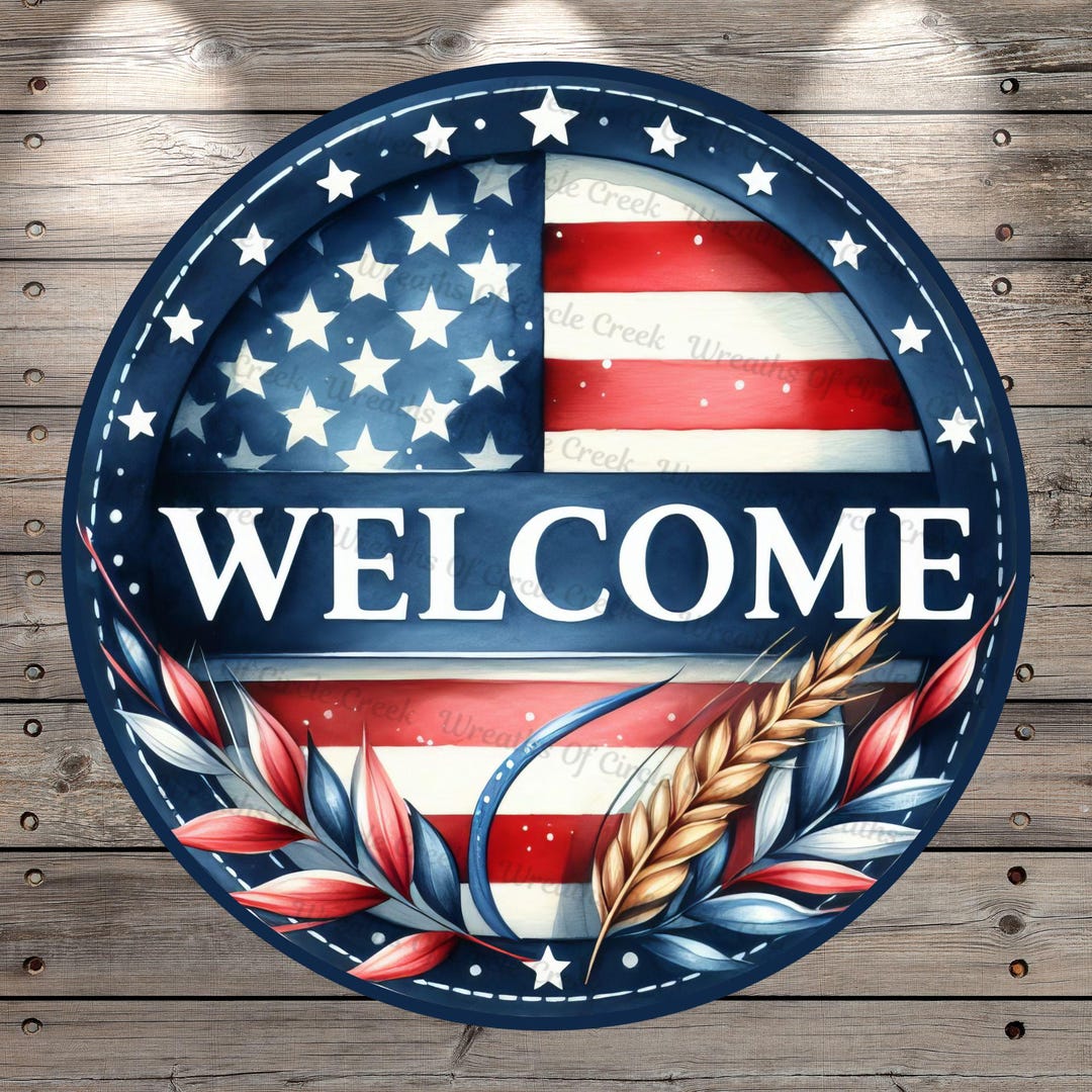 Patriotic, Welcome, American Flag, Round, Light Weight, Metal, Wreath ...