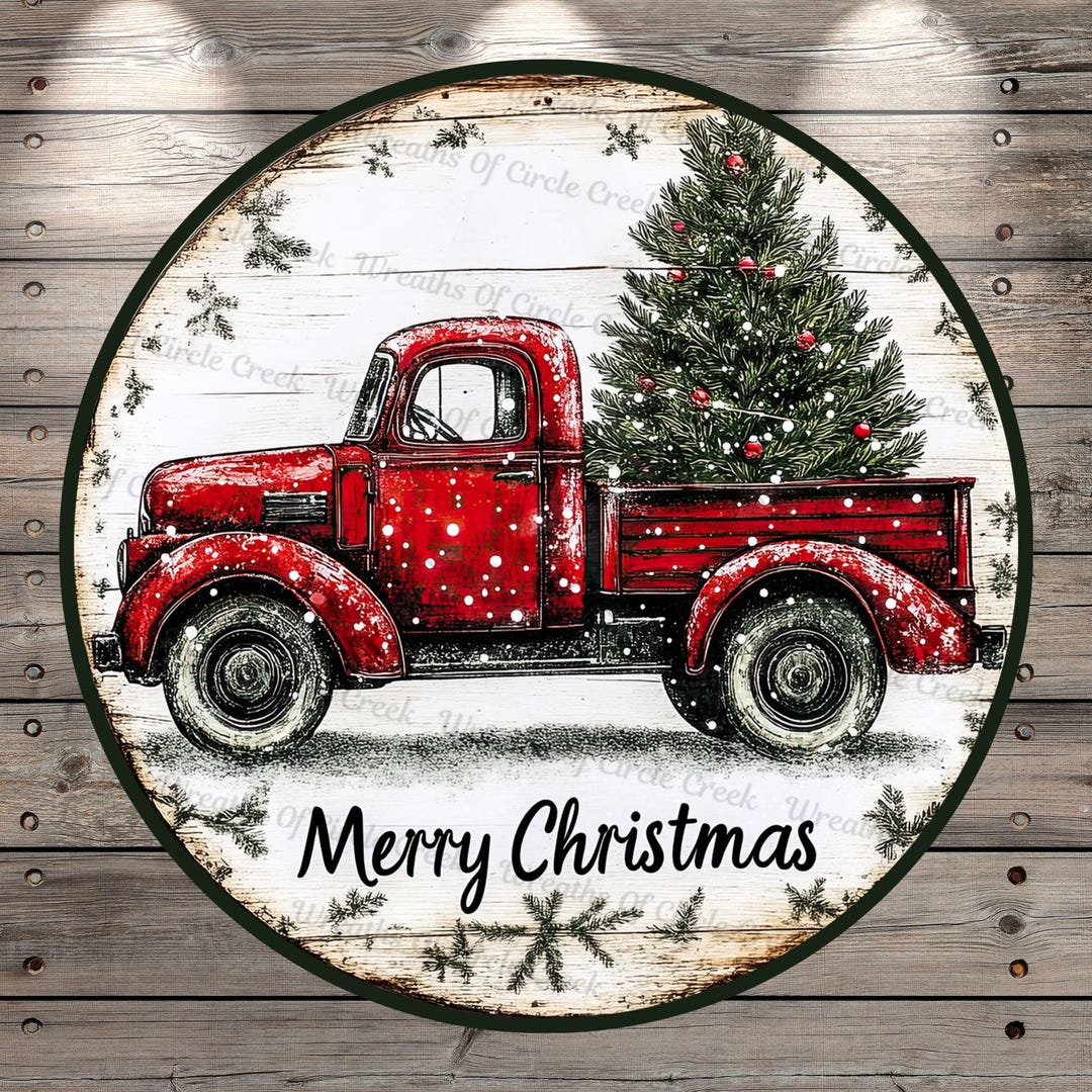 Vintage Red Truck Christmas Sign, Merry Christmas, Round Aluminum Metal ...