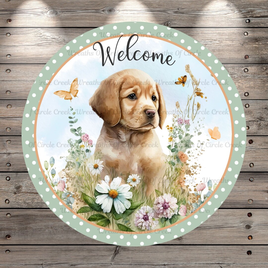 Puppy in Florals, Welcome, Golden Lab, Butterflies, Round, Light Weight ...
