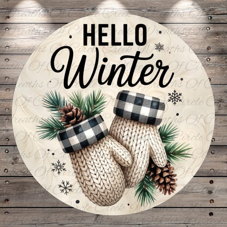 Hello Winter | Buffalo Plaid Mitten Decor | Lightweight Round Metal ...