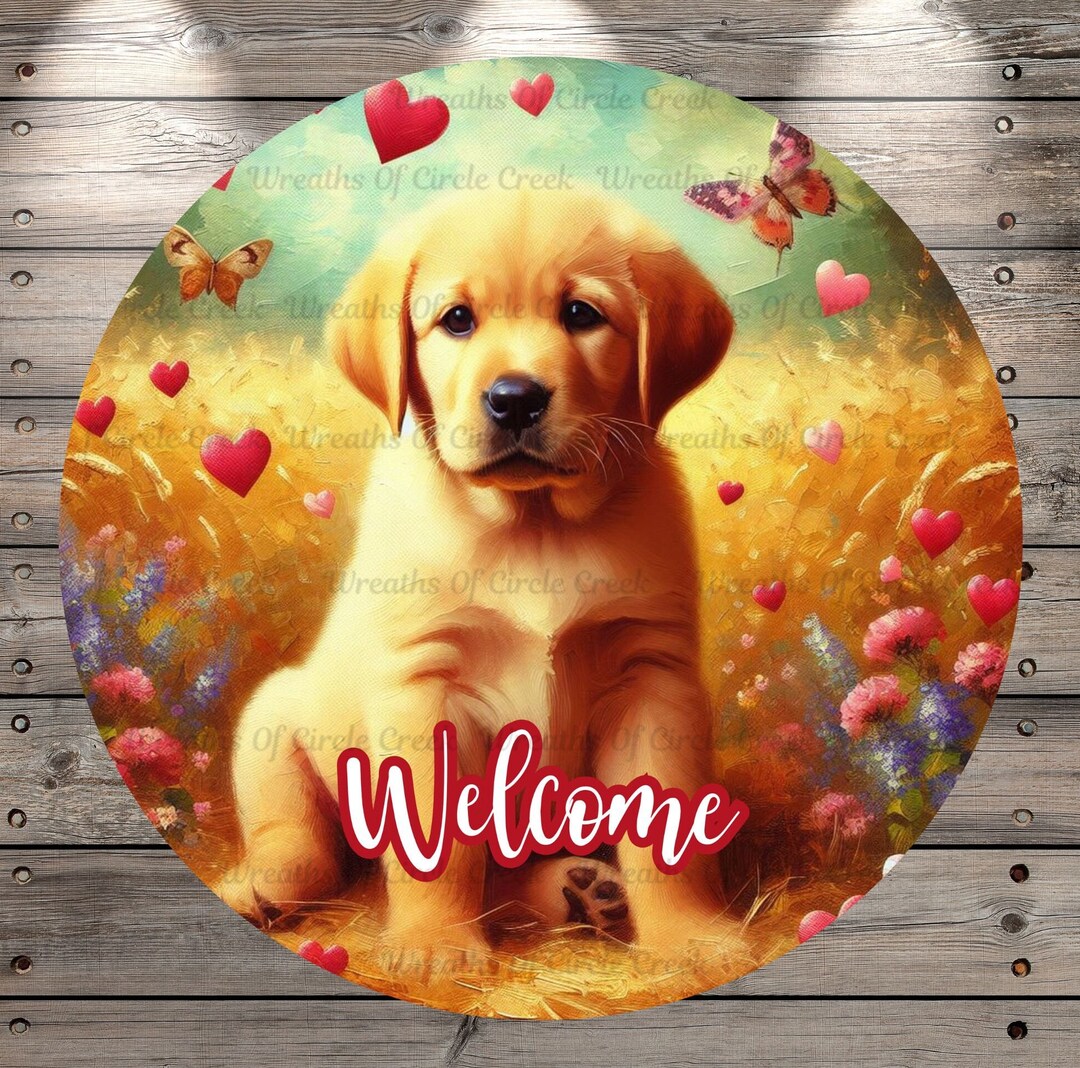 Golden Labrador Puppy, Hearts, Florals, Butterflies, Whimsical, Round ...