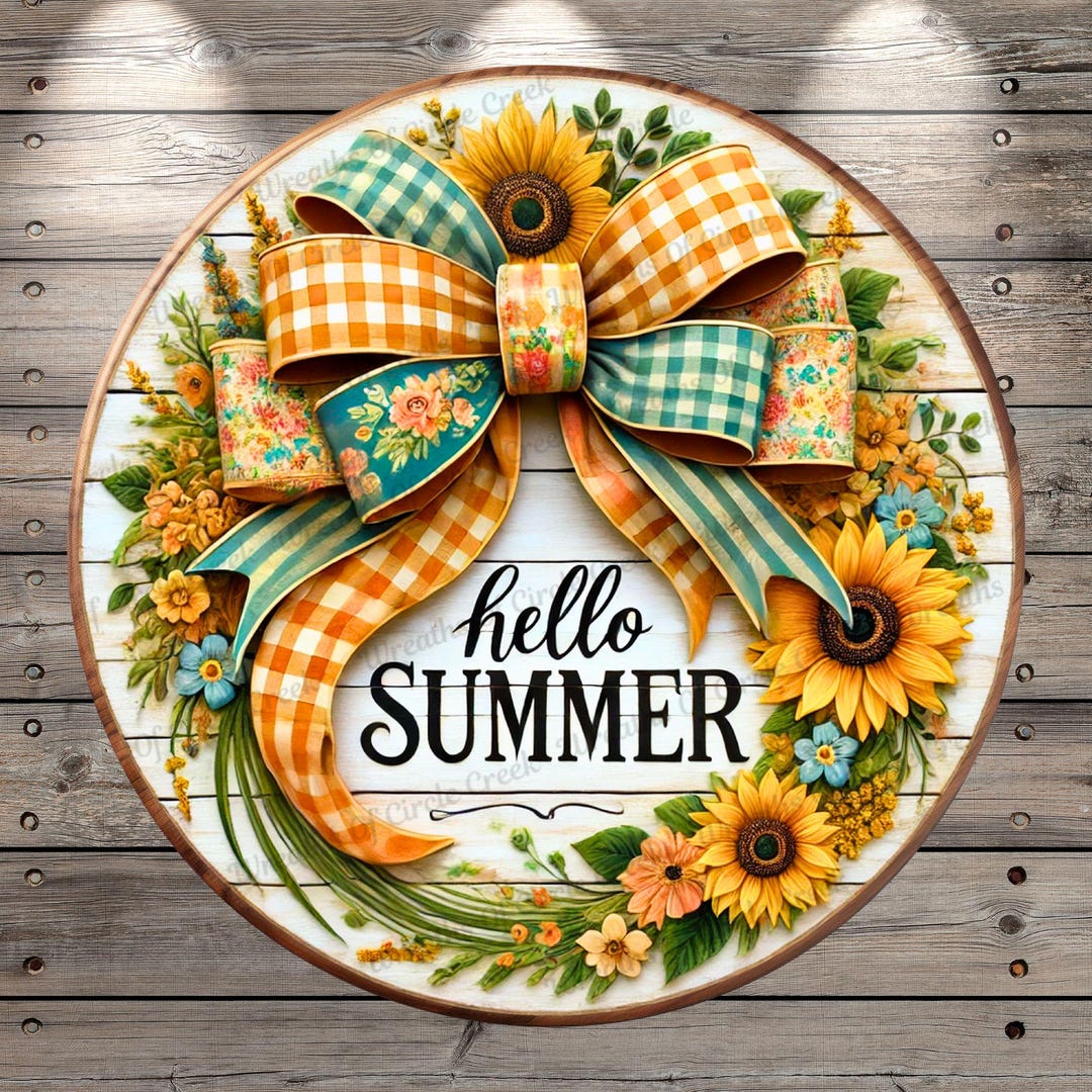Hello Summer Lightweight Round Metal Wreath Sign | Sunflower & Gingham ...