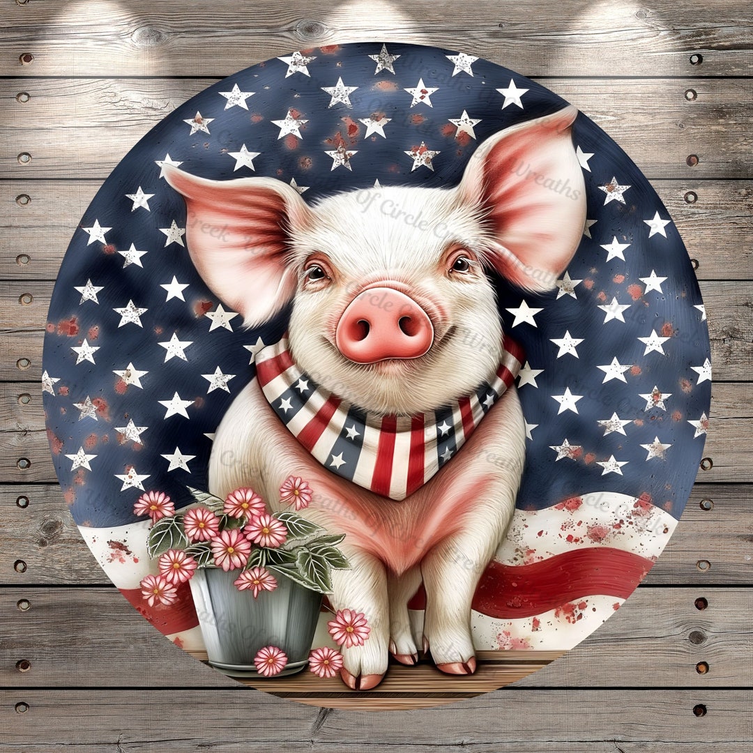 Patriotic Pig, Summer, Round, Light Weight, Metal, Wreath Sign, No ...