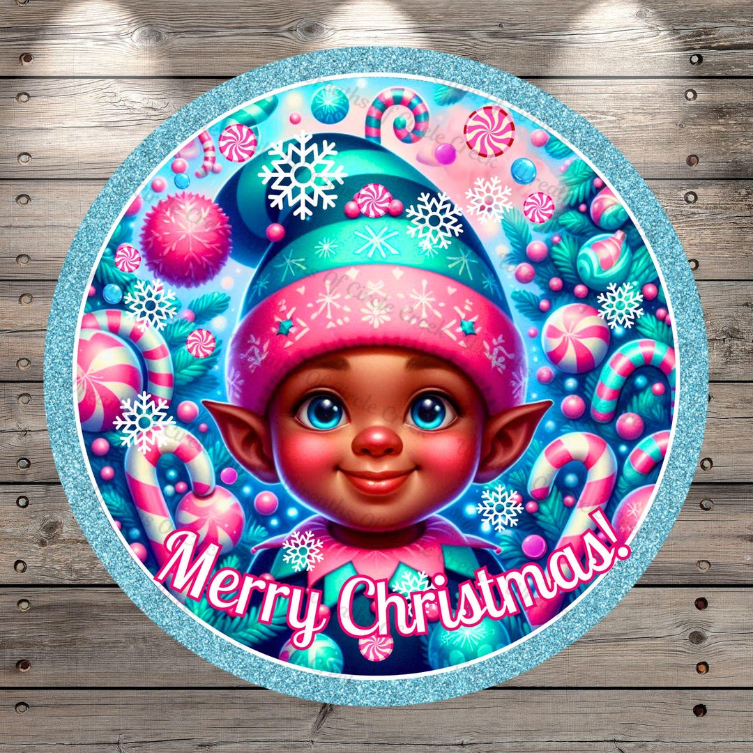 Elf, Merry Christmas, Candy Land, Blue and Pink, Glitter Border, Round ...