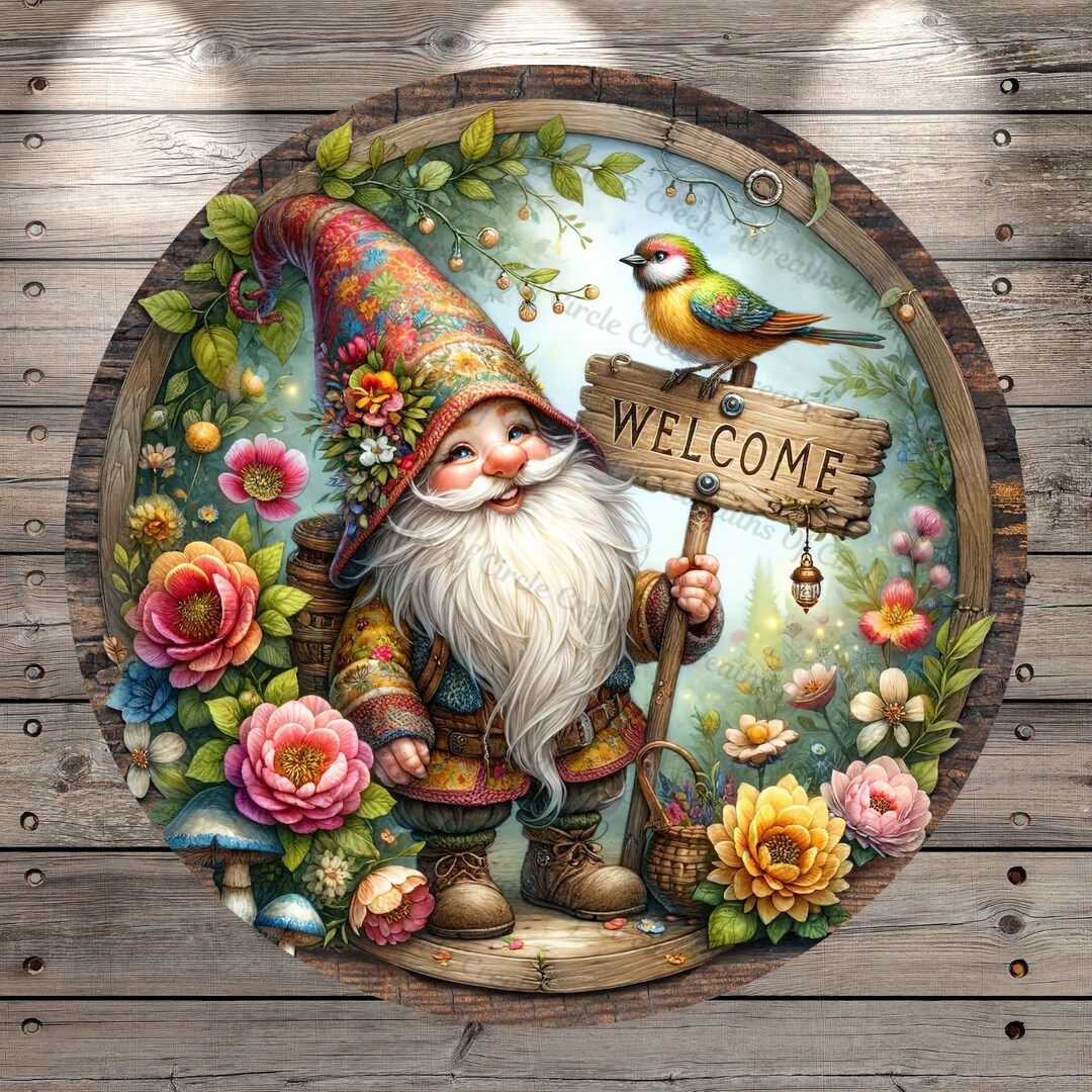 Garden Gnome, Welcome, Vibrant Colors, Florals, Bird, Round, Light ...