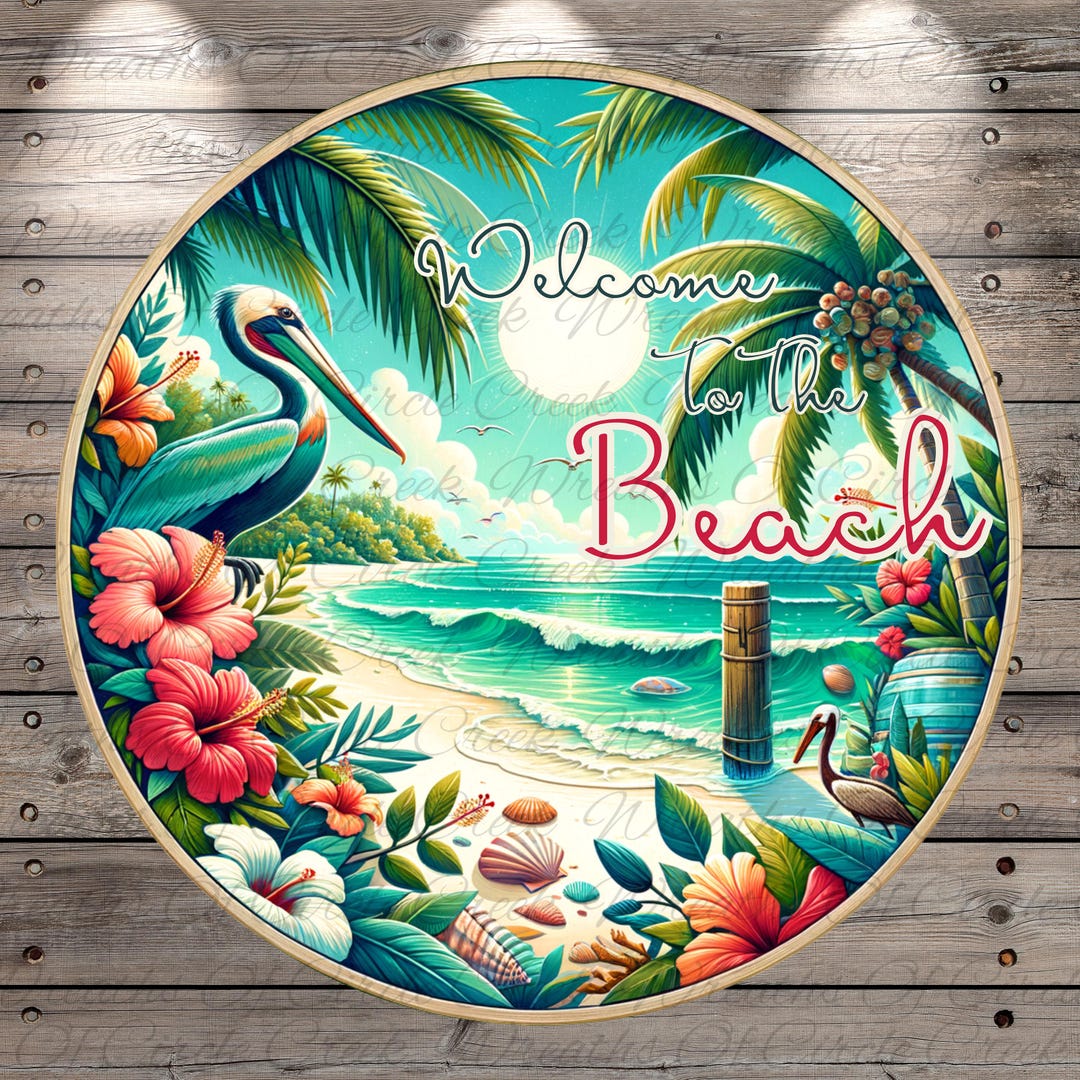 welcome-to-the-beach-sign-lightweight-round-metal-wreath-sign-no