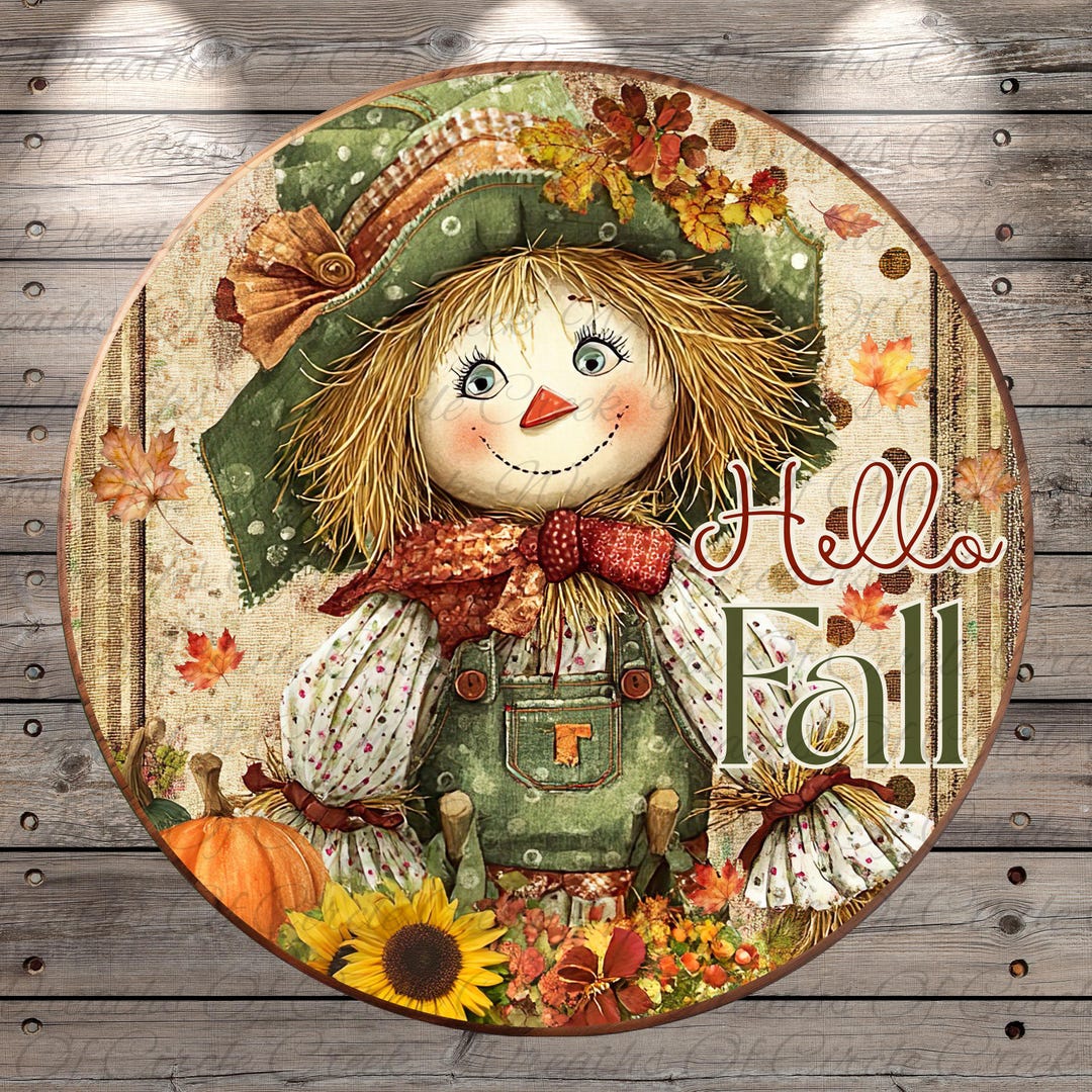 Hello Fall Scarecrow Sign | Lightweight Round Metal Wreath Sign | No ...