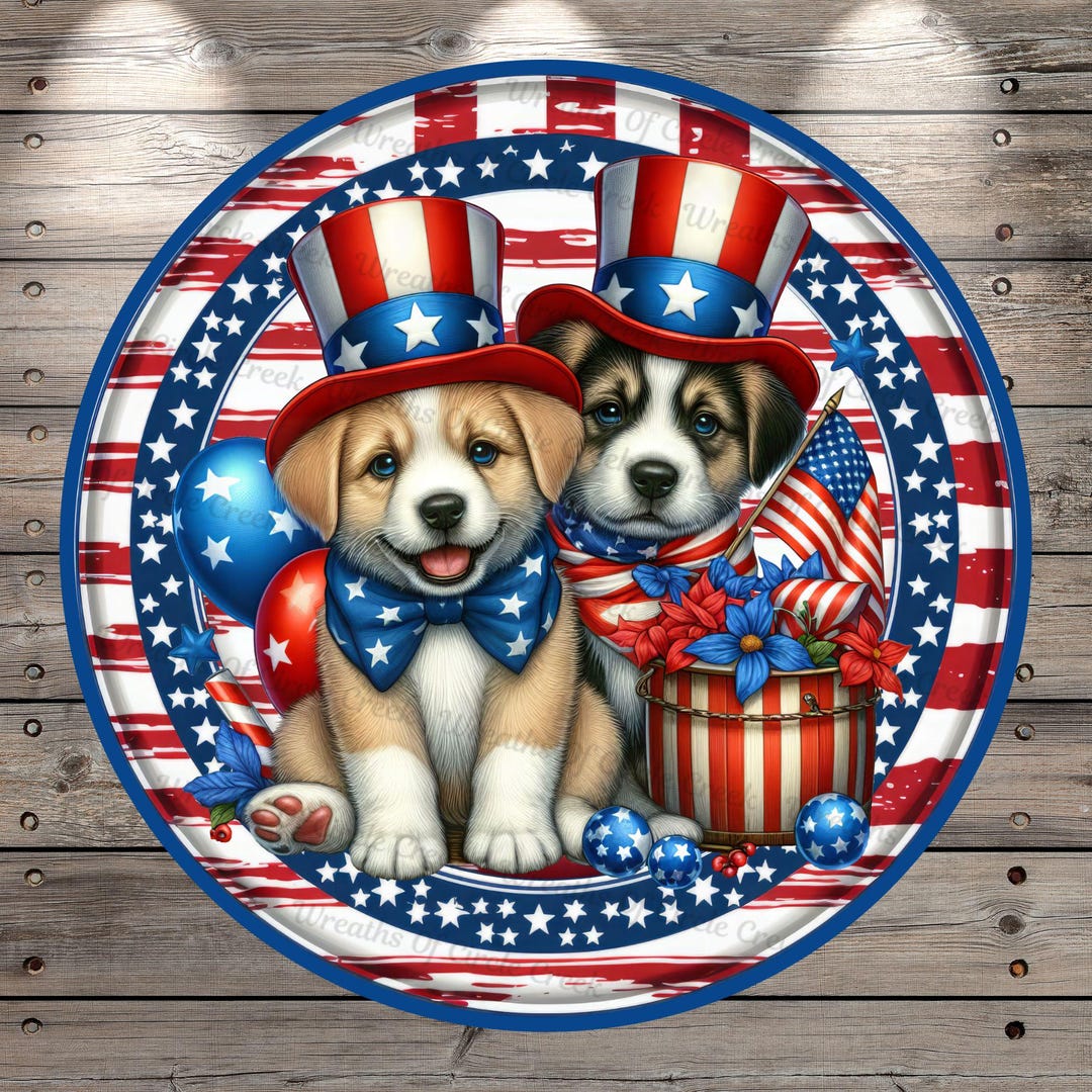 Patriotic Dogs, Puppies, American Top Hat, Flags, Stars, Round, Light ...