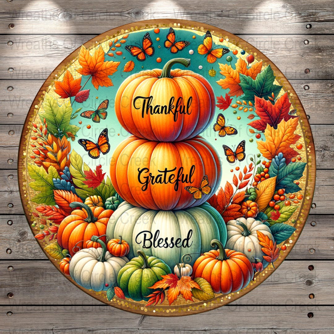 Thankful Grateful Blessed Pumpkins | Lightweight Round Metal Wreath ...