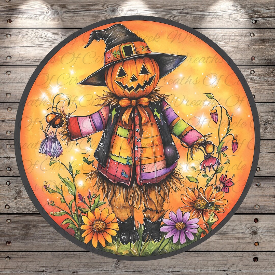 Rainbow Patchwork Scarecrow Wreath Sign | Lightweight Round Metal ...
