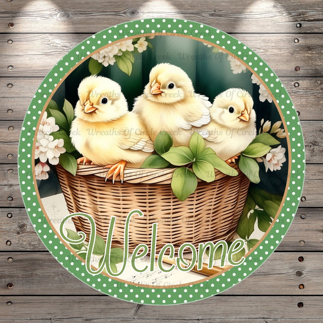Welcome, Spring Chicks, in Basket, Light Weight, Metal Wreath Sign ...