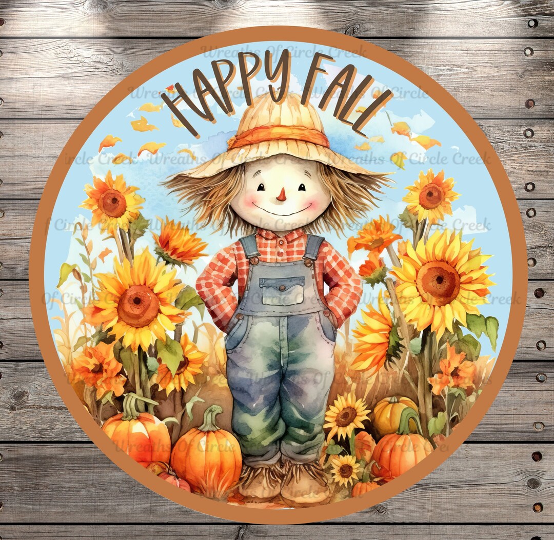 Happy Fall, Scarecrow, Pumpkins, Sunflowers, Round, Light Weight, Metal ...