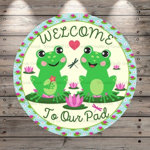 Welcome to Our Pad, Cute, Frogs, Round, Light Weight, Metal Wreath Sign ...