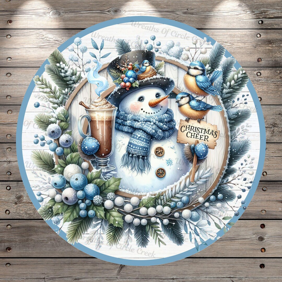 Snowman, CHRISTMAS CHEER, Blue Birds, Winter, Blue and White, Faux 3D ...