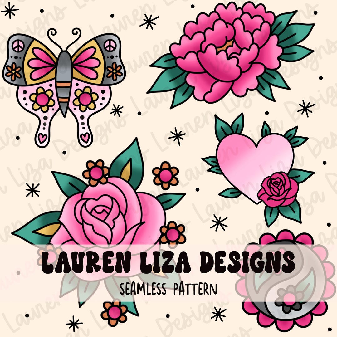 Retro Tattoo Sheet, Seamless File for Fabric Sublimation, Repeating ...