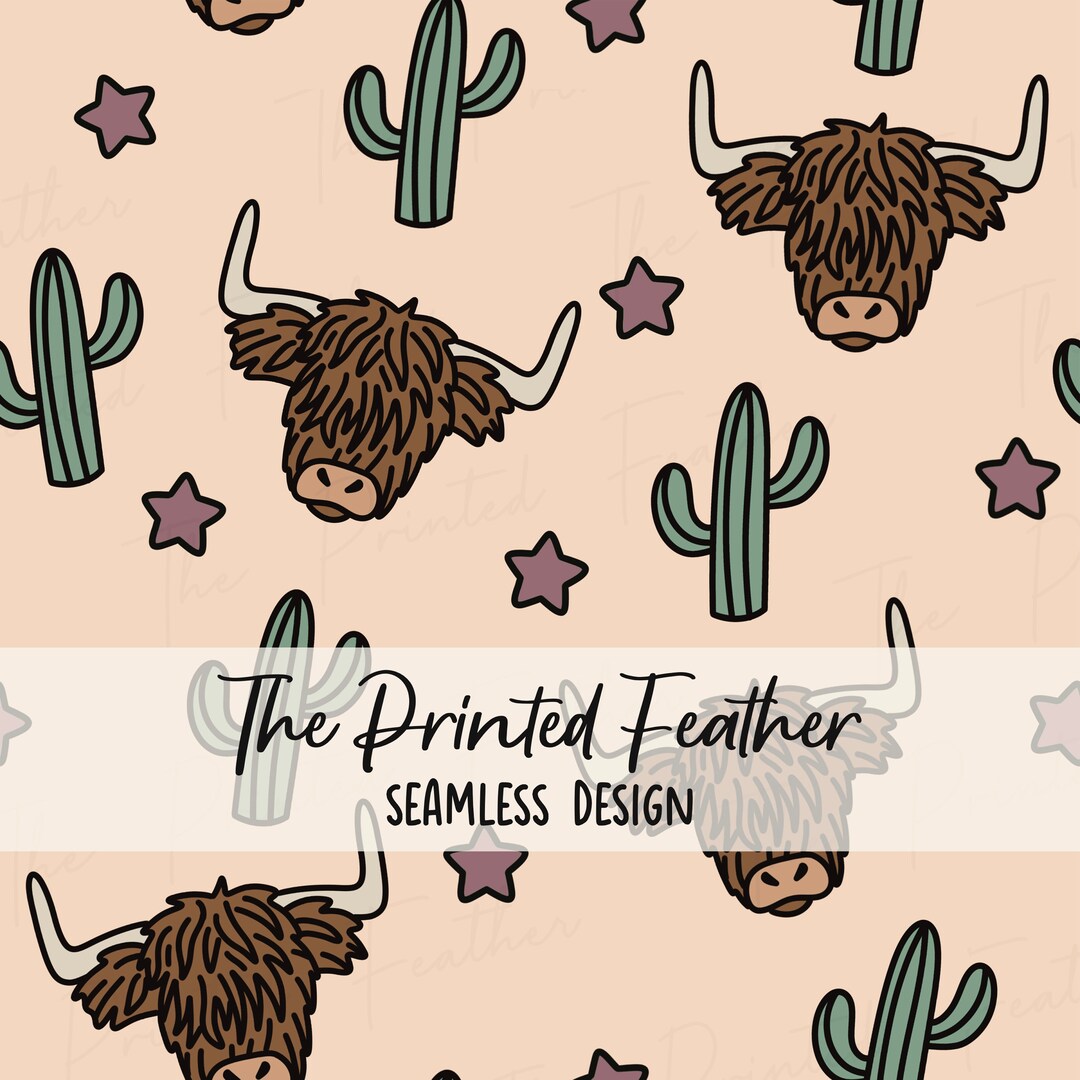 Highland Cow, Cactus & Stars, Western Theme Seamless File for Fabric ...