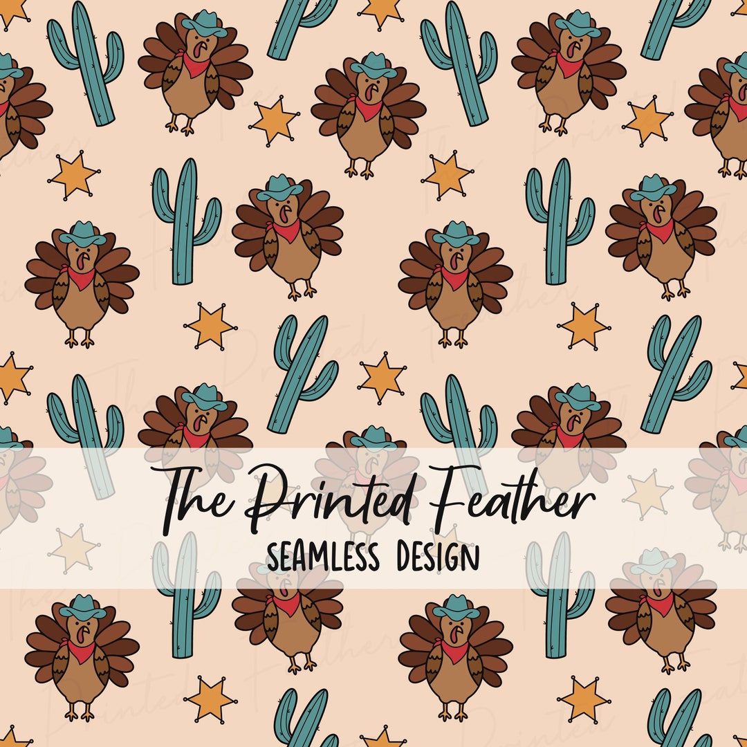 Western Cowboy Turkey, Thanksgiving, Fall Autumn Seamless Pattern for ...