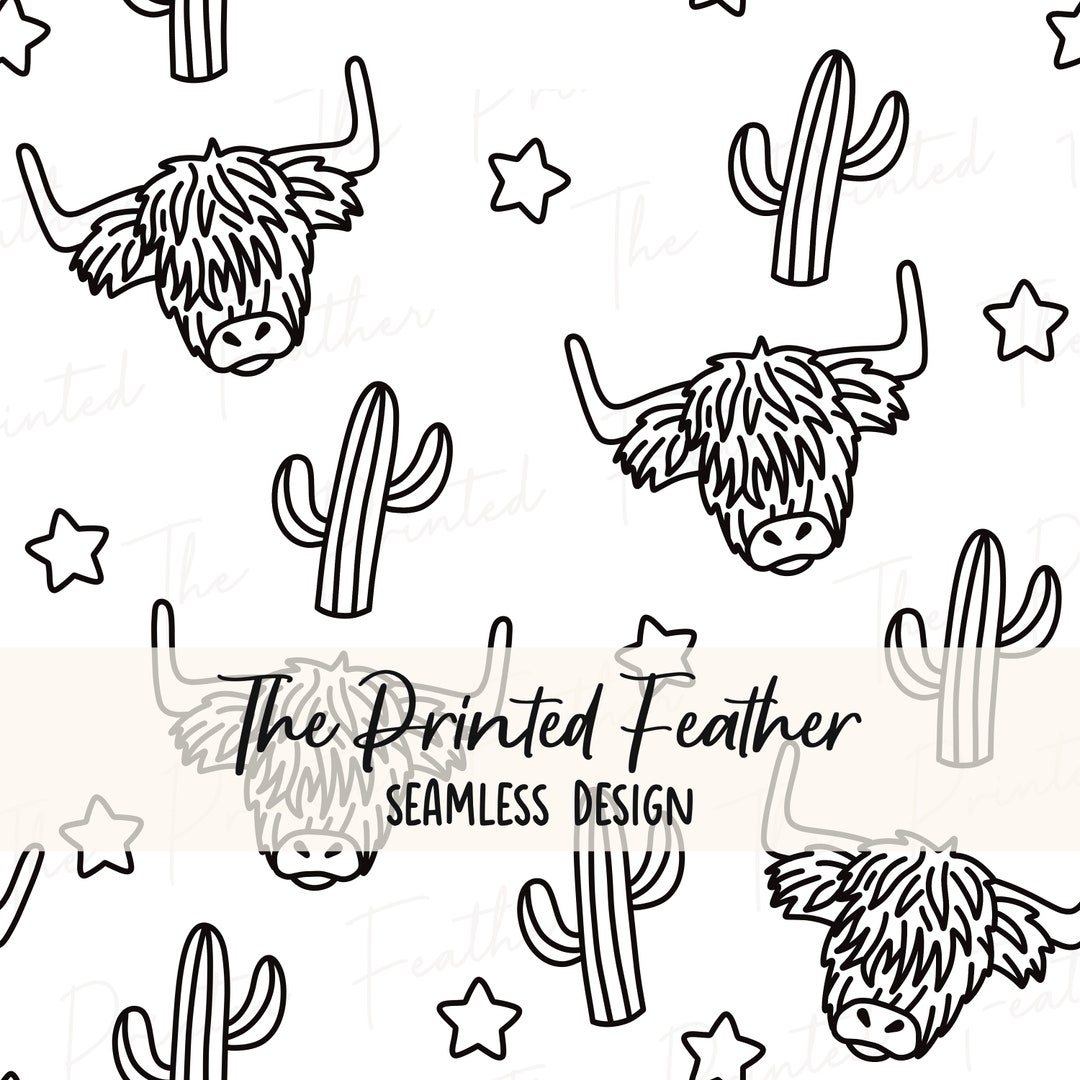 Highland Cow, Black and White, Western Theme Seamless File for Fabric ...
