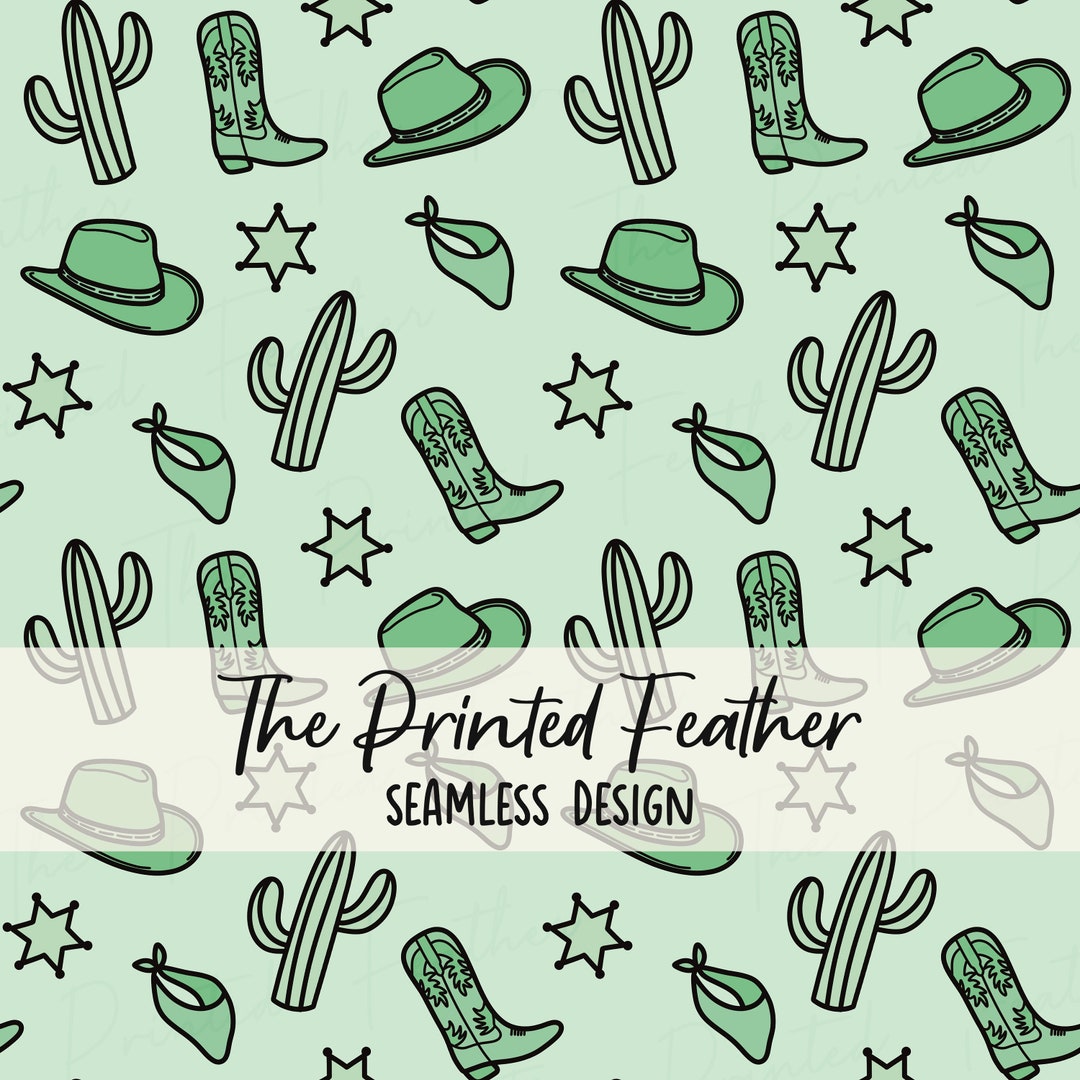 Cute Western Theme, Doodles, Pastel Green Seamless Pattern for Fabric ...