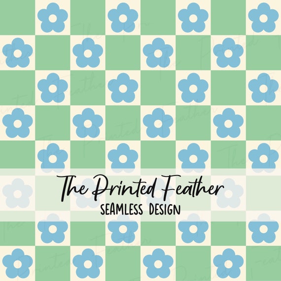 Retro Pastel Blue Green Flower Checkers Seamless Repeating - Etsy