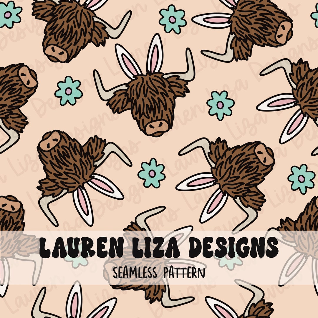 Highland Cow Easter Bunny Ears, Western Theme Seamless File for Fabric ...
