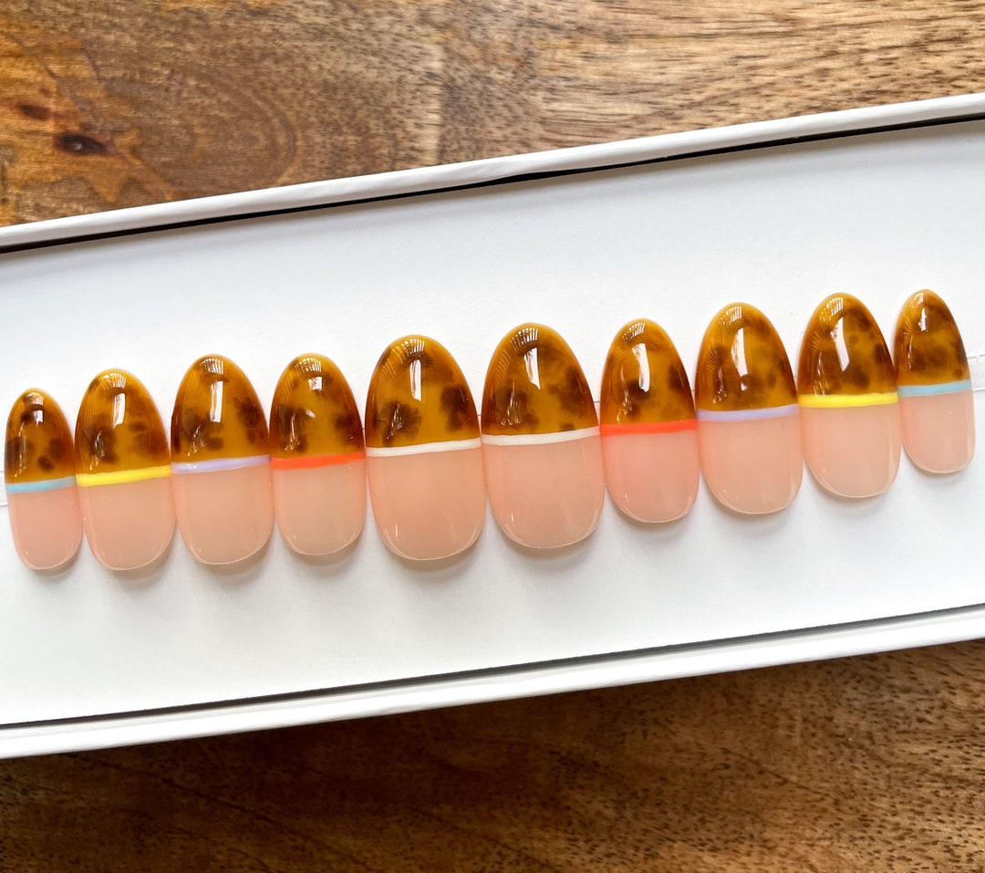 Half Tortoise Shell With Multicolor Trim Press on Nails - Etsy