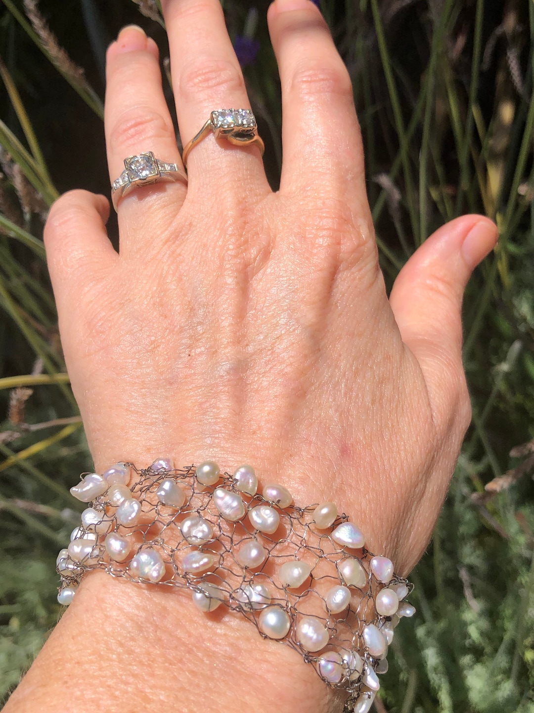 Vintage White Freshwater Pearls Sterling Silver Mesh Woven Bracelet
