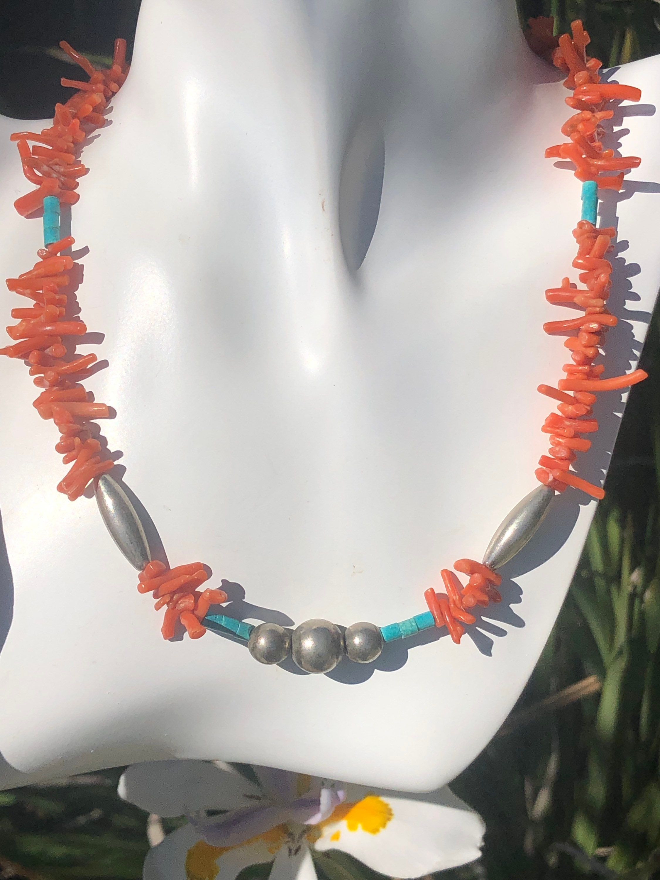Vintage Native American Indian Red Branch Coral Turquoise Sterling ...