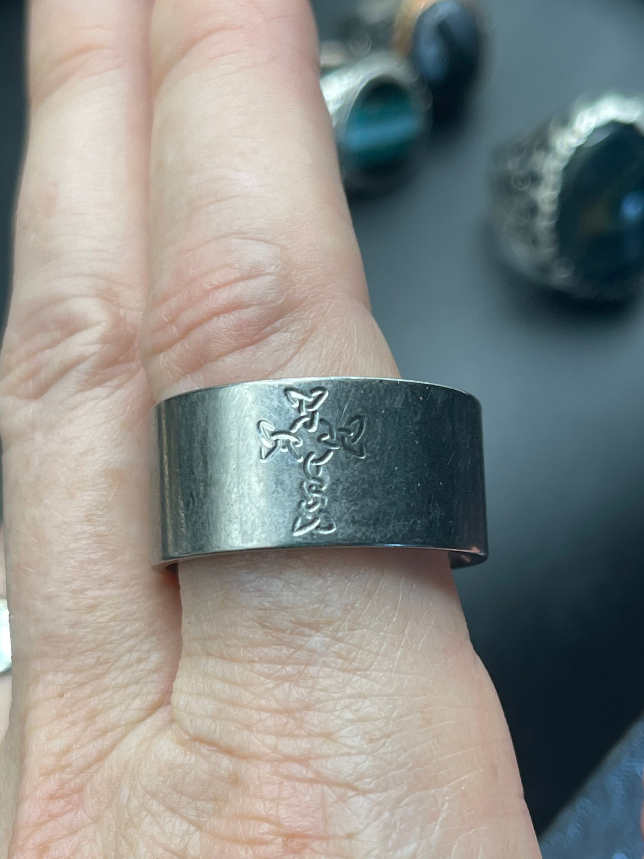 Nice Large 12mm Wide Mens Band Ring Celtic Cross Psalms 37 Titanium ERA ...