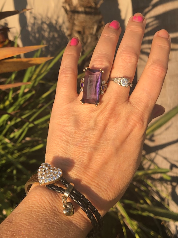 Antique Art Deco Huge Amethyst Art Glass Ring Sterlin Gem