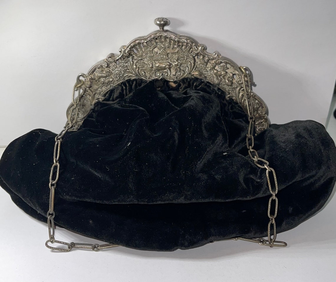 Victorian 1800s Black Velvet Hand Bag Silver Metal Frame Ornate Plunger ...