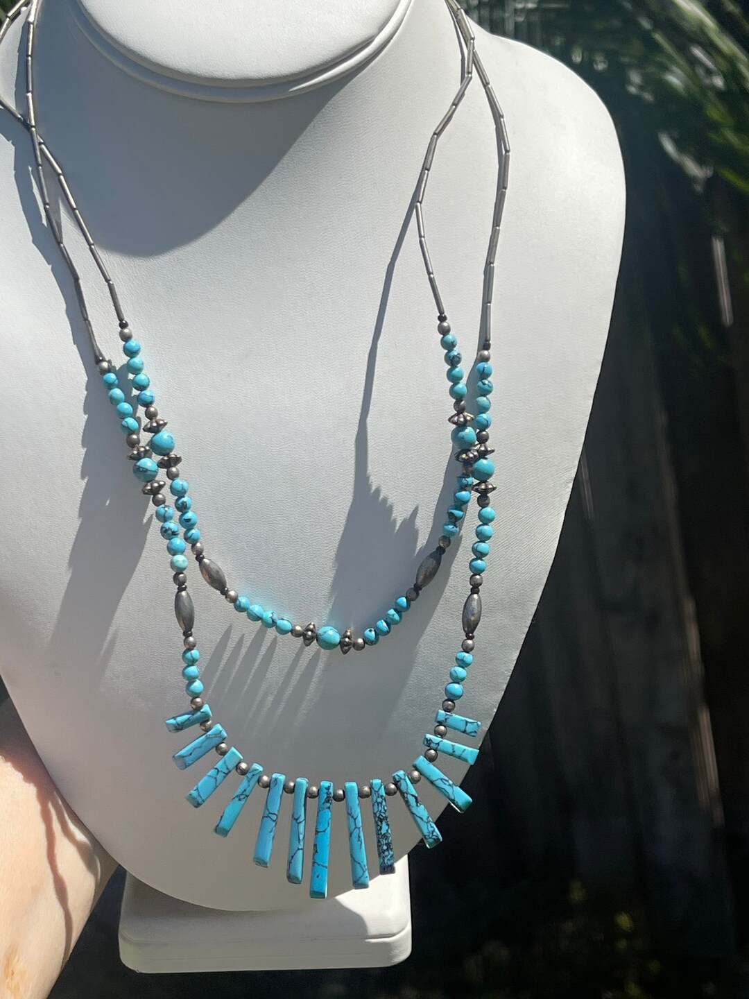 Vintage Two Strand Graduated Rectangular Turquoise and Silver Beads 21. ...